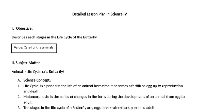 Detailed Lesson Plan: Life Cycle of the Butterfly (Science IV) - Studocu