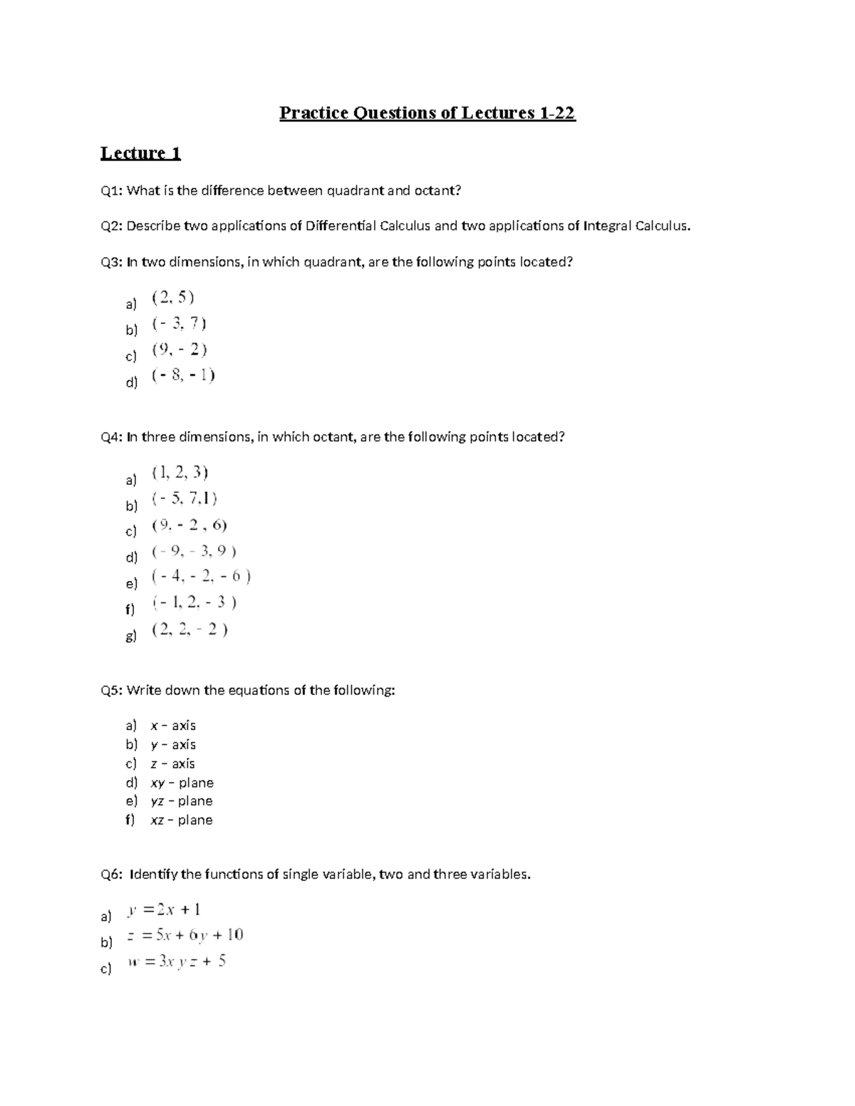 Practice Questions for Lectures 1-22: Calculus Concepts and ...