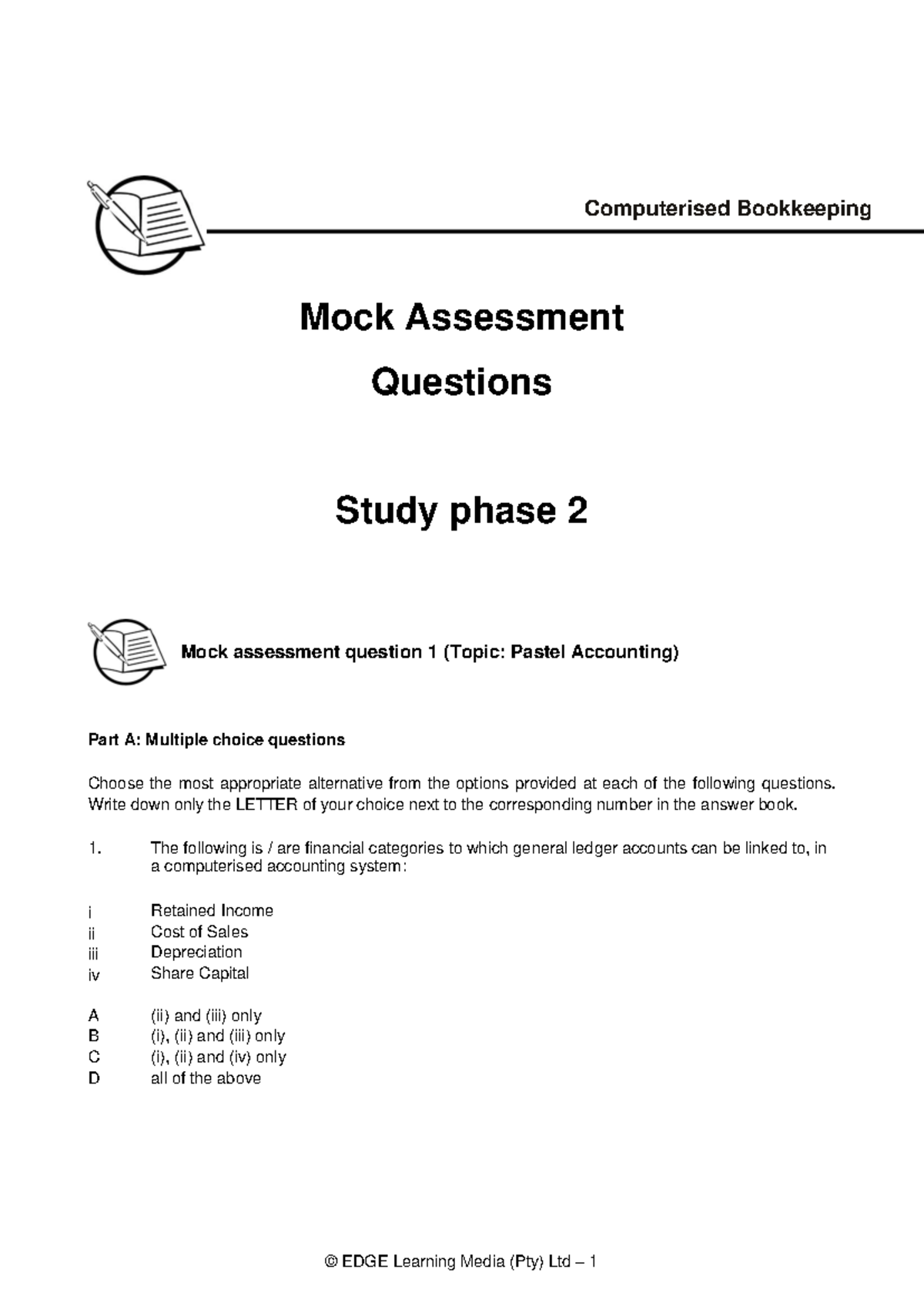 Mock Assessment Study Phase 1: Pastel Accounting Quiz and Questions ...