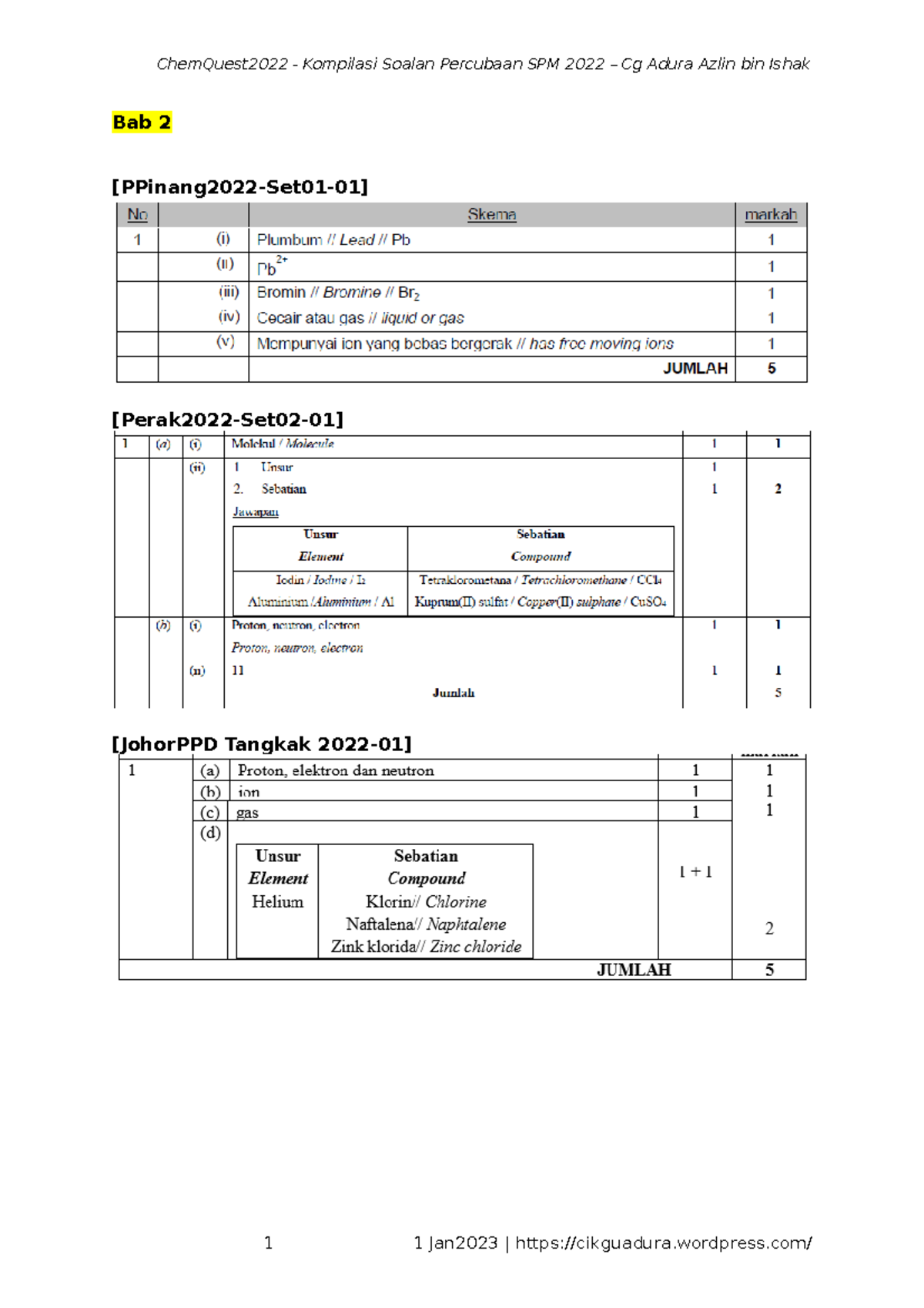 Chemquest 2023 Tingkatan 4: Jawapan Bab 2 dan 3 - Studocu