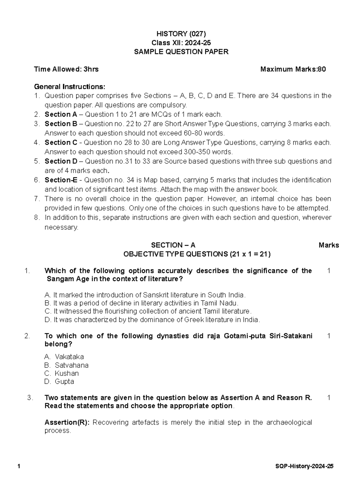 History-Sample paper 1 - HISTORY (027) Class XII: 2024- 25 SAMPLE ...