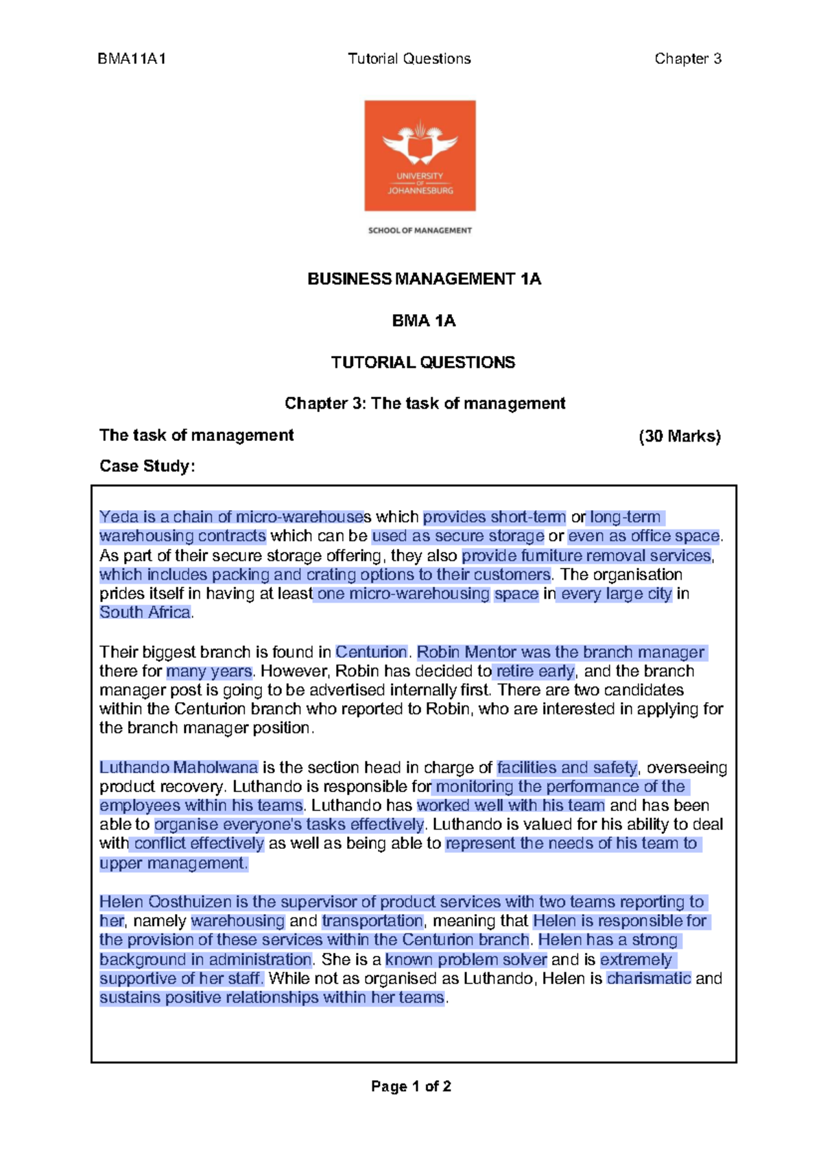 BMA11A1 Tutorial Activity: Chapter 3 Case Study on Management - Studocu