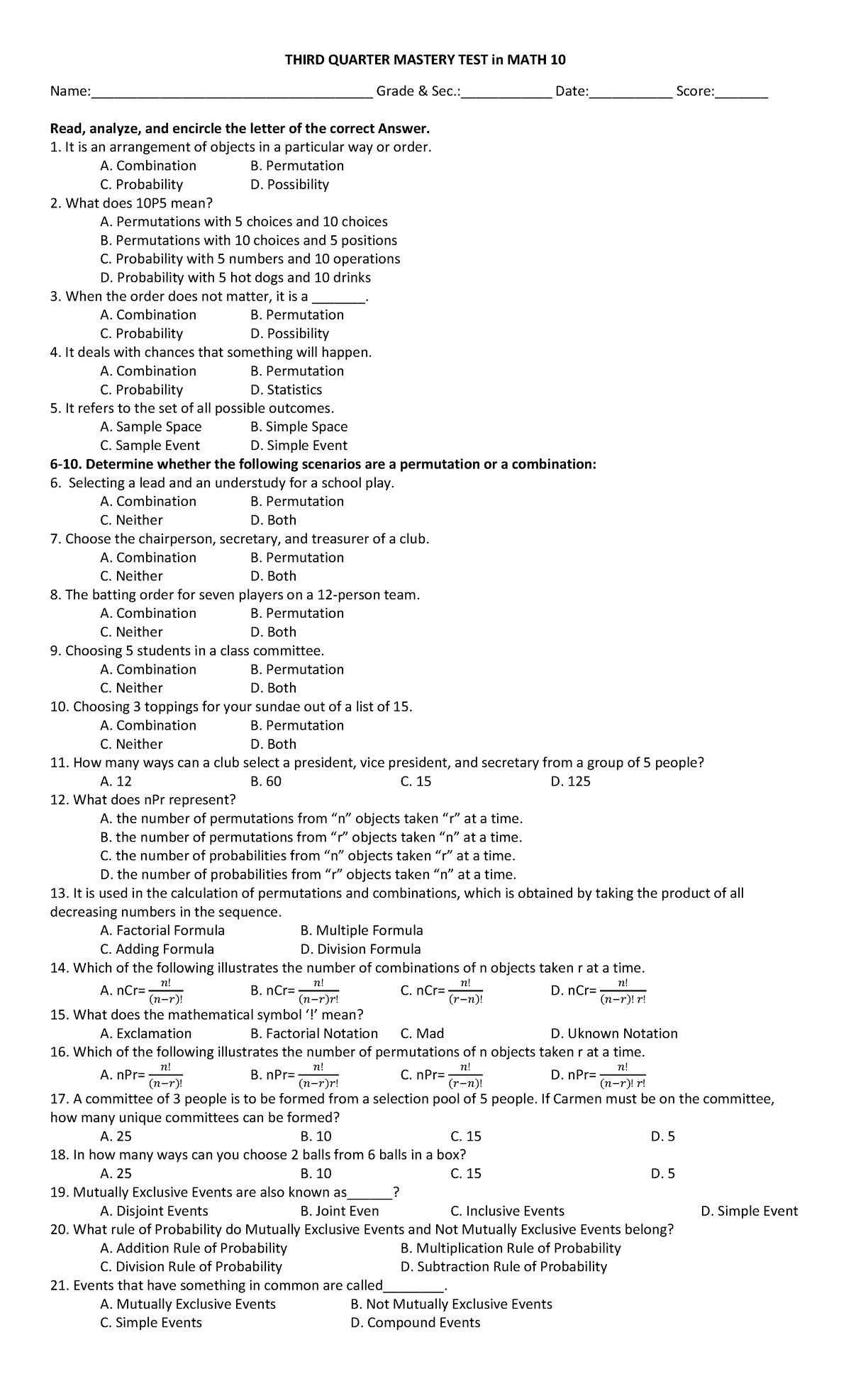 Math 10 3rd Q Mastery MC Test: Key Concepts & Practice Questions - Studocu