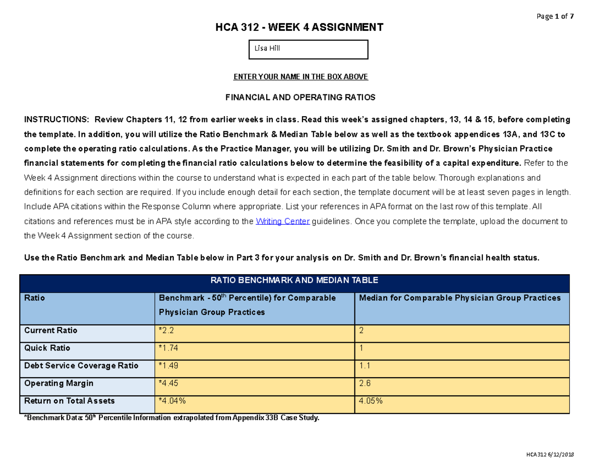 HCA312 Week 4 Financial & Operating Ratios Analysis Template - Studocu