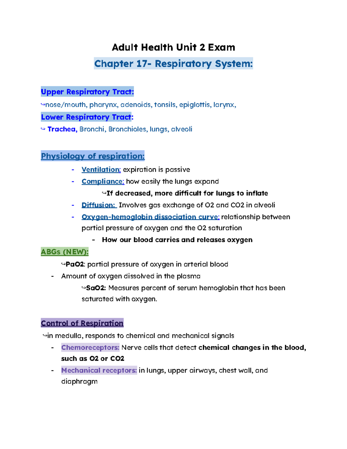 Adult Health NURS 202: Respiratory Management & Disorders Exam Notes ...