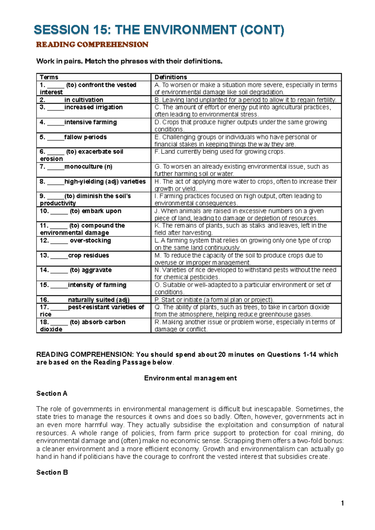 Session 15: Environmental Management and Reading Comprehension - Studocu