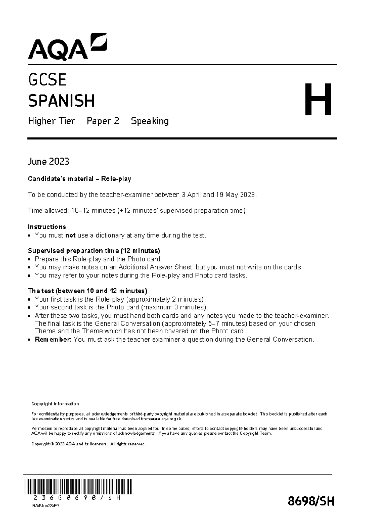 GCSE Spanish Higher Tier 2023 Role-plays for Speaking Exam - Studocu
