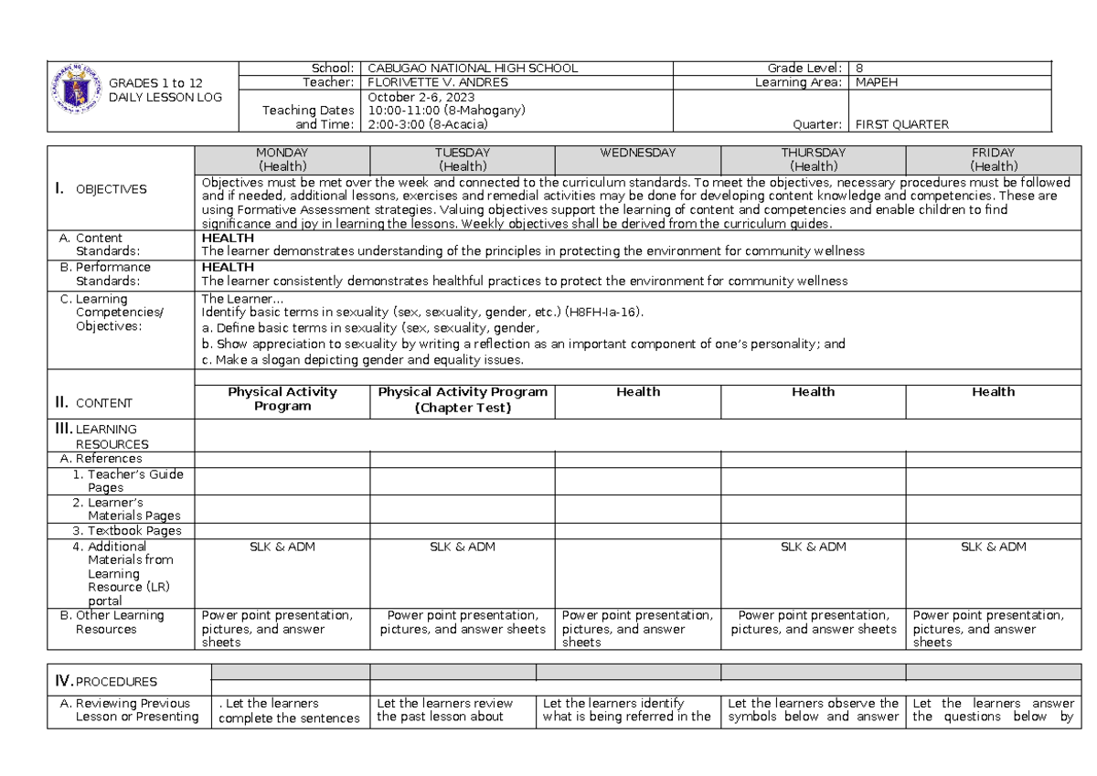 DLL Q1 MAPEH 8 Health Weekly Lesson Log for Week 6 - Studocu