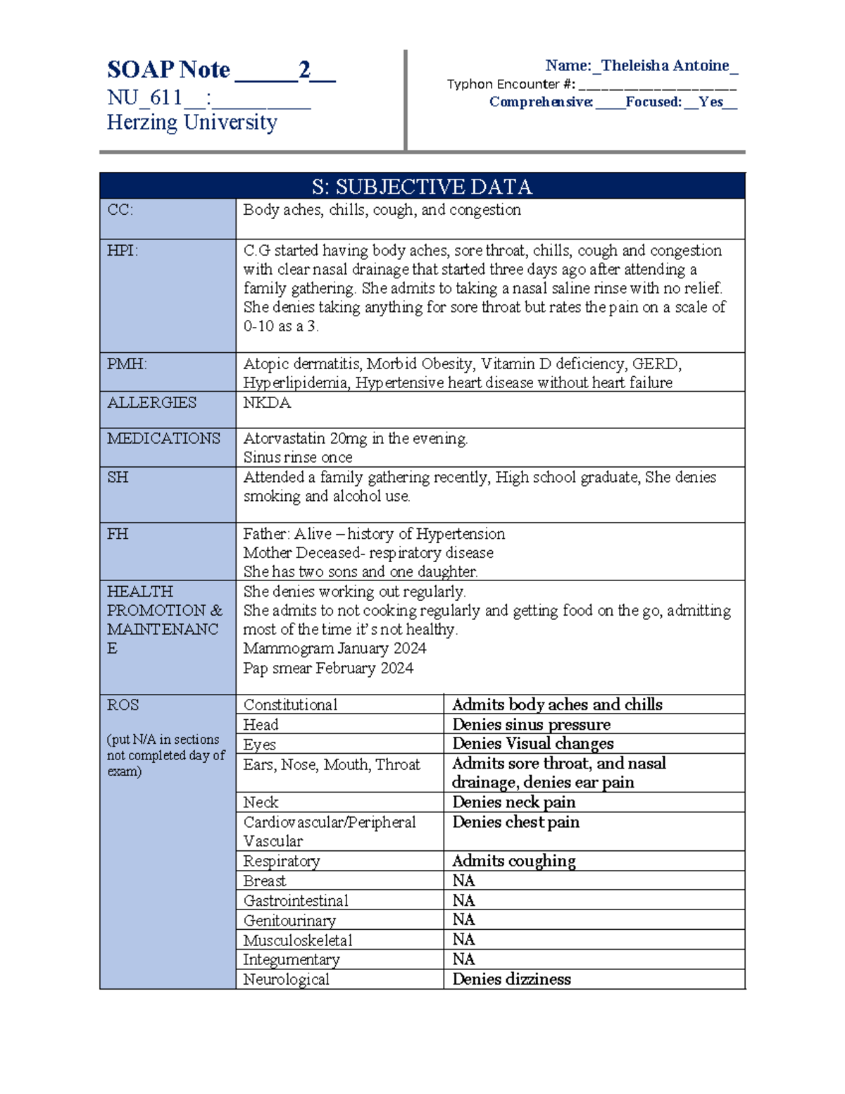 SOAP Note Analysis for NU 611 - Herzing University - Studocu