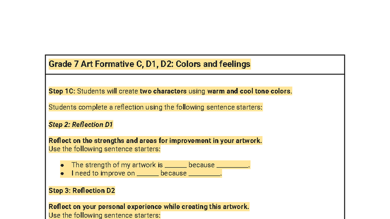 Grade 7 Art Formative C, D1, D2: Exploring Colors and Emotions - Studocu
