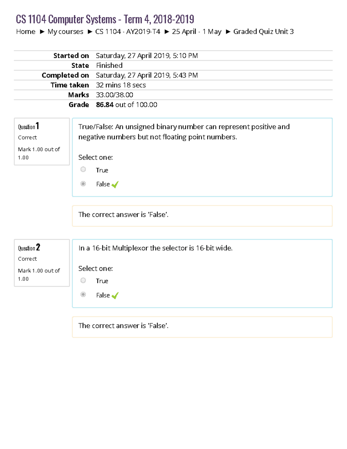CS 1104 Graded Quiz Unit 3 - Home My courses CS 1104 - AY2019-T4 25 April - 1 May Graded Quiz ...