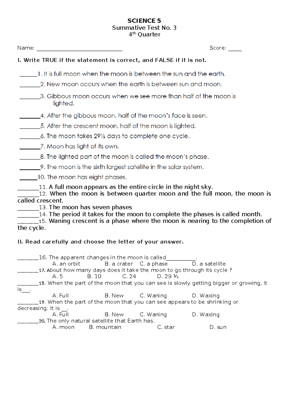Science 5 ST3 Summative Test No. 3 for 4th Quarter - Studocu