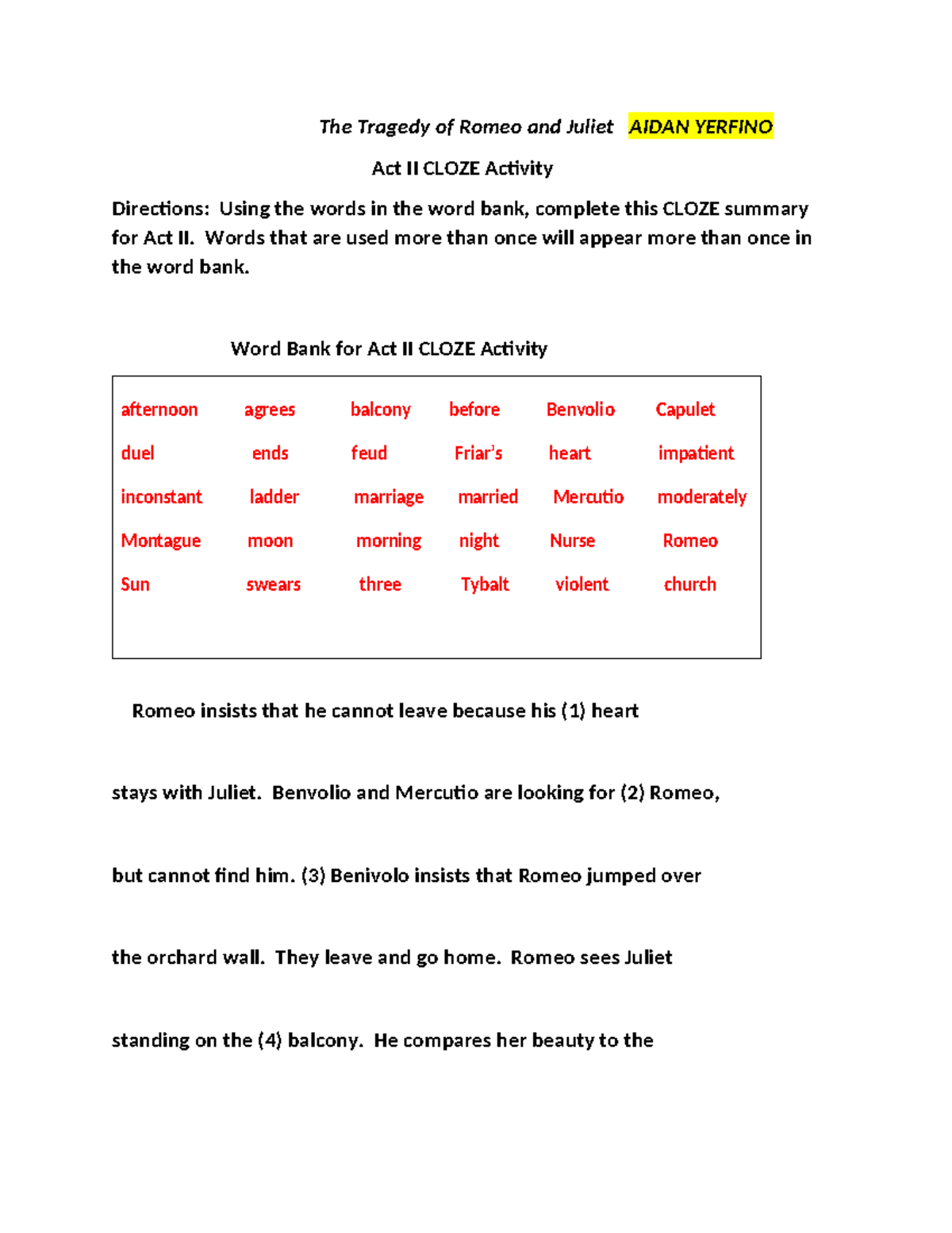 Act II CLOZE Activity for "Romeo and Juliet" - AIDAN YERFINO - Studocu