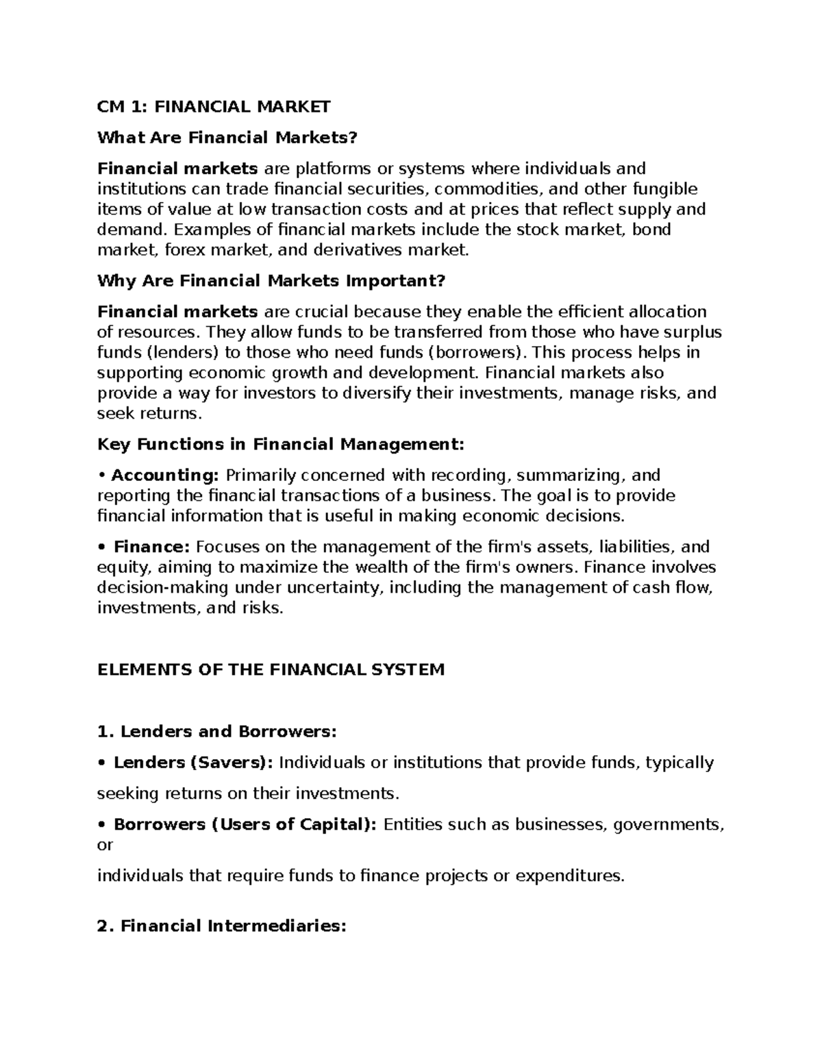 Finmar ( Reviewer) - notes - CM 1: FINANCIAL MARKET What Are Financial ...