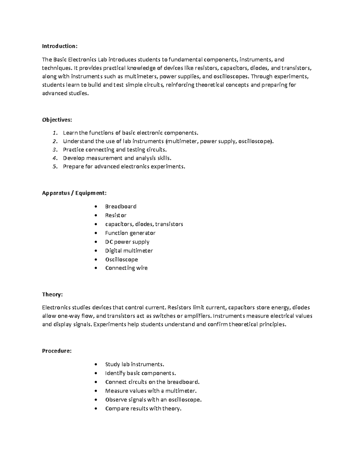 EDC - Basic Electronics Lab Introduction and Objectives - Studocu