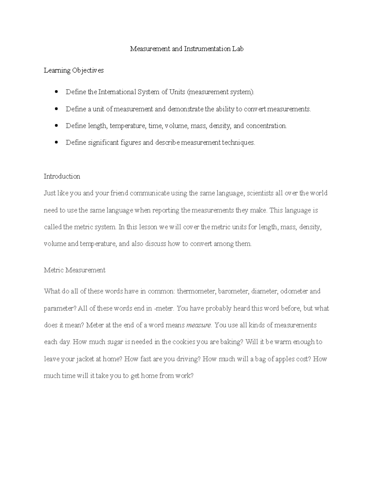 Measurement and Instrumentation Lab (MATH101): Key Concepts and ...