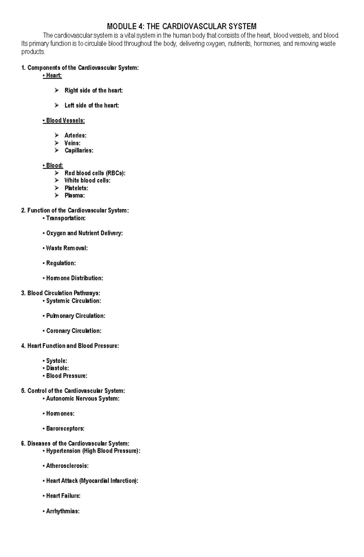 Module 4: The Cardiovascular System Overview and Key Concepts - Studocu