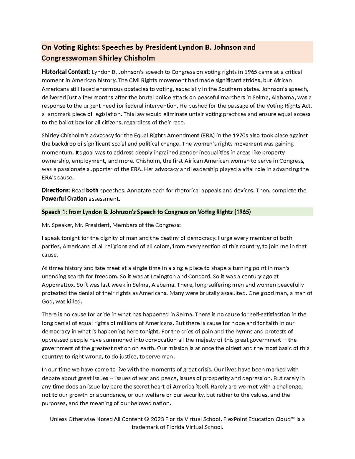 04 02 Speeches on Voting Rights by LBJ & Chisholm Analysis - Studocu