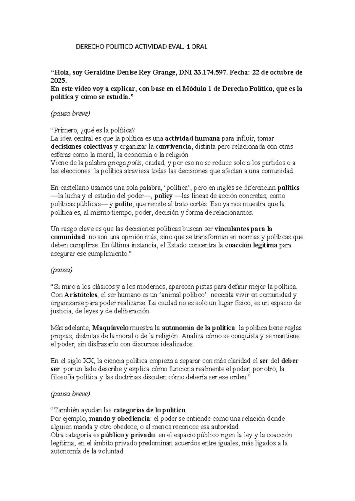 Derecho Político - Actividad Evaluativa 1: Conceptos Clave - Studocu