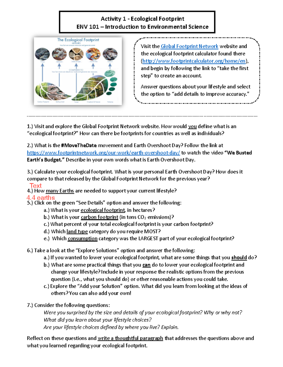 Activity 1 - Ecological footprint - Activity 1 - Ecological Footprint ...