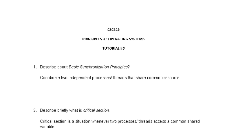 CSC520 TUTORIAL 6: BASIC SYNCHRONIZATION PRINCIPLES - Studocu
