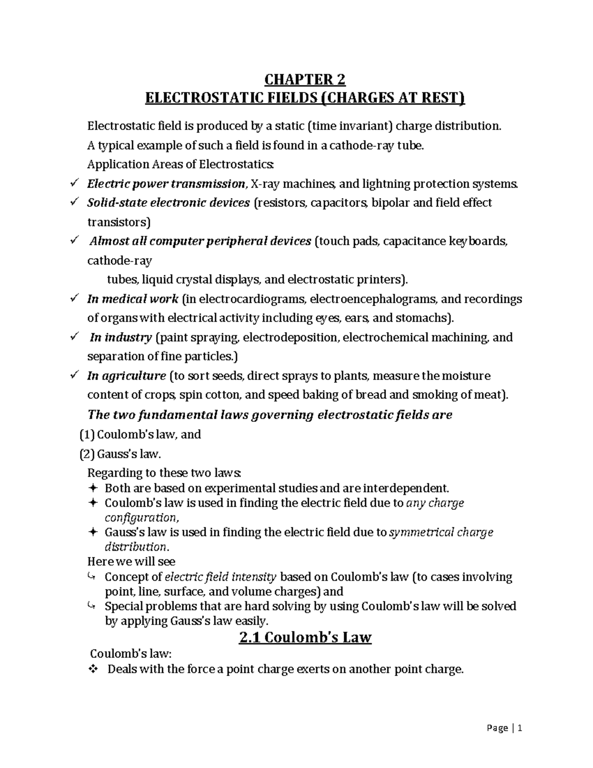 Chapter 2: Electrostatics - Static Charge & Electric Fields (PHYS101 ...