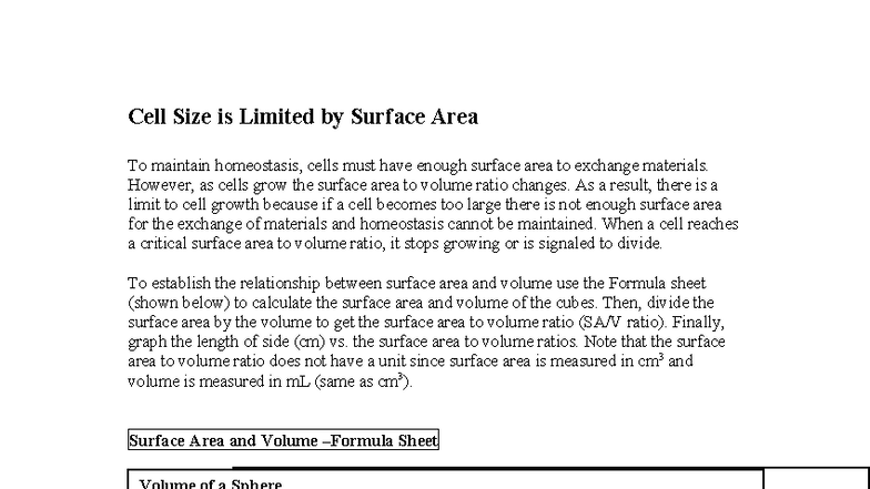 Cell Size & Surface Area to Volume Ratio WS - Bio 101 - Studocu