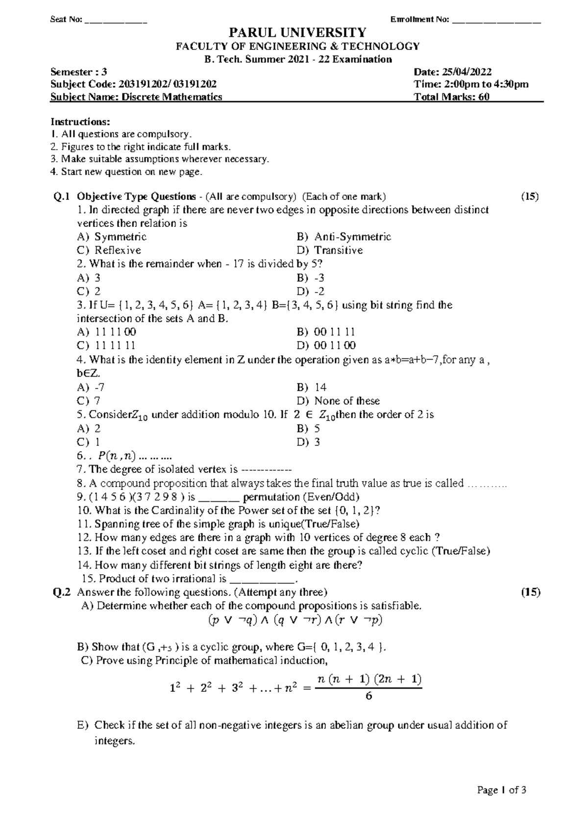 Discrete Mathematics 203191202 - Summer 2021 Final Exam Paper - Studocu