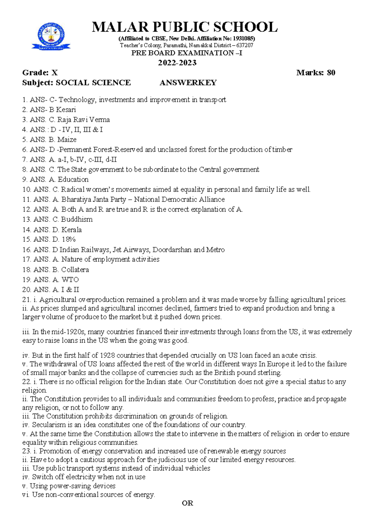 Grade X Social Science Pre Board Exam Answer Key (Code: Anskey.PB-1 SS ...