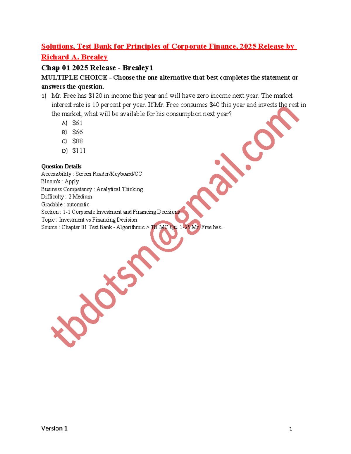 Test Bank for Principles of Corporate Finance (FIN 2025) - Chapter 01 ...