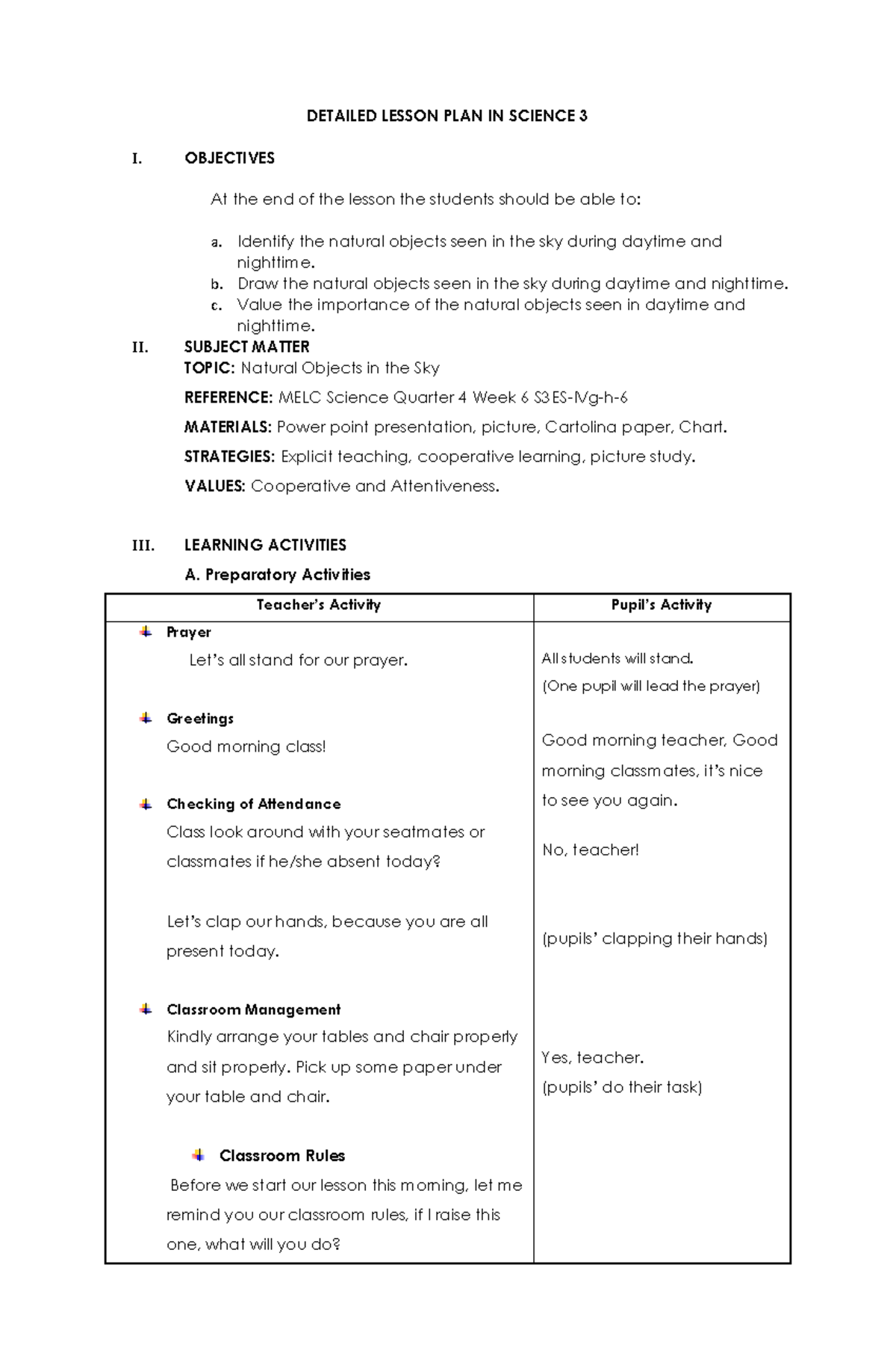 Final Lesson Plan in Science 3: Natural Objects in the Sky - Studocu