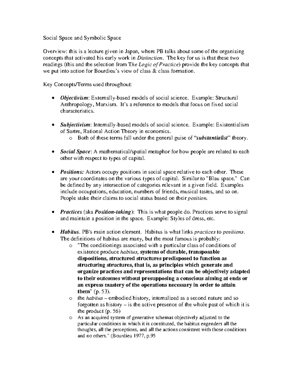 Bourdieu's Social Space & Symbolic Space Overview: Lecture Notes - Studocu