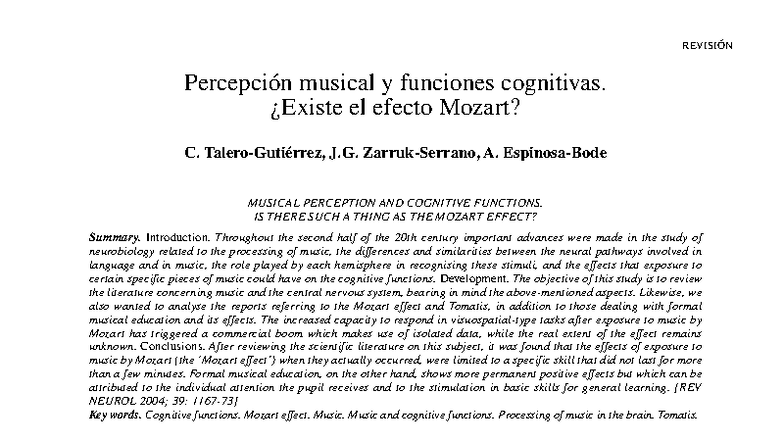 REVISIÓN NEUROL 39: Percepción Musical y Funciones Cognitivas - Efecto ...