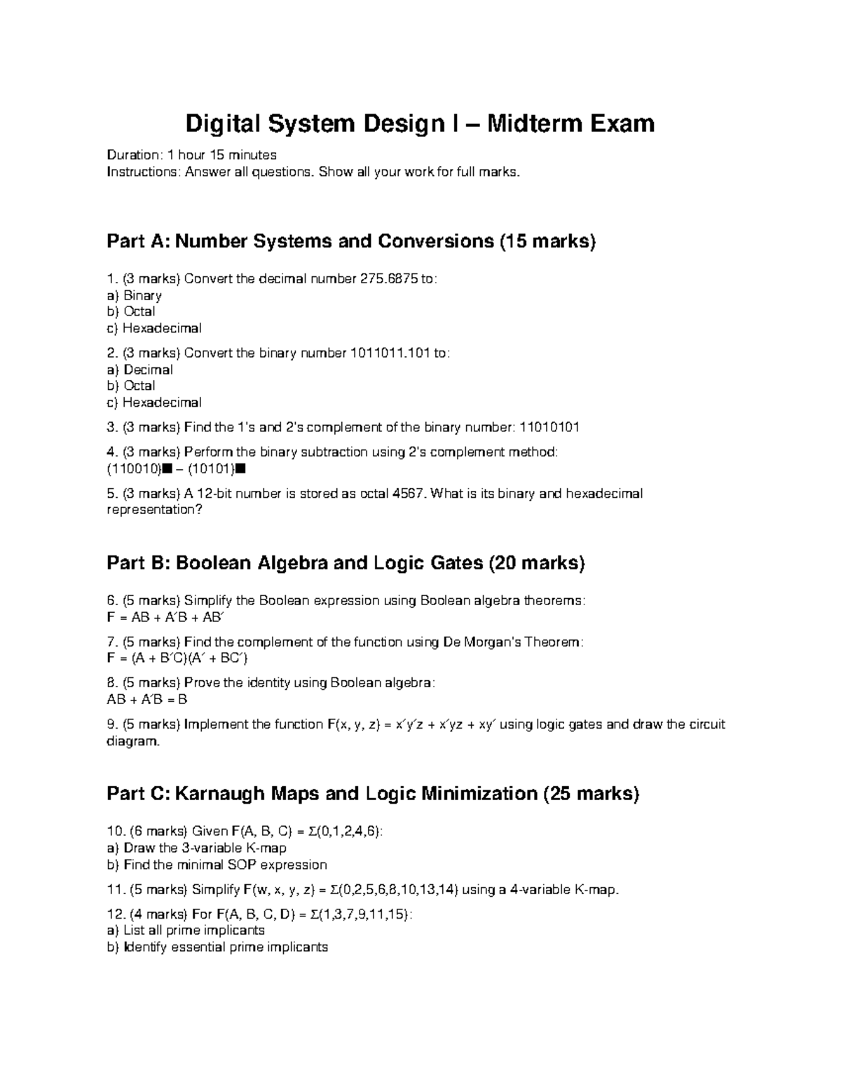 Digital System Design I Midterm Exam Review and Practice - Studocu