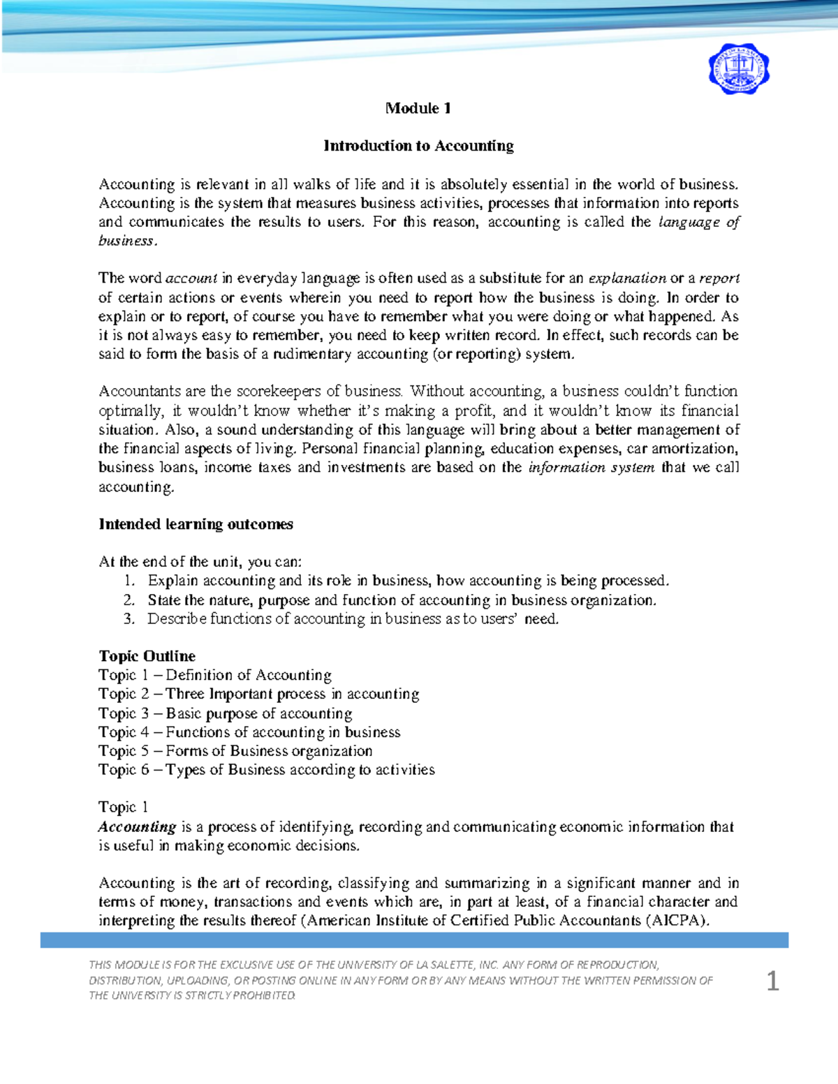 FAR1 - Introduction to Accounting & Concepts Overview (Modules 1 & 2 ...