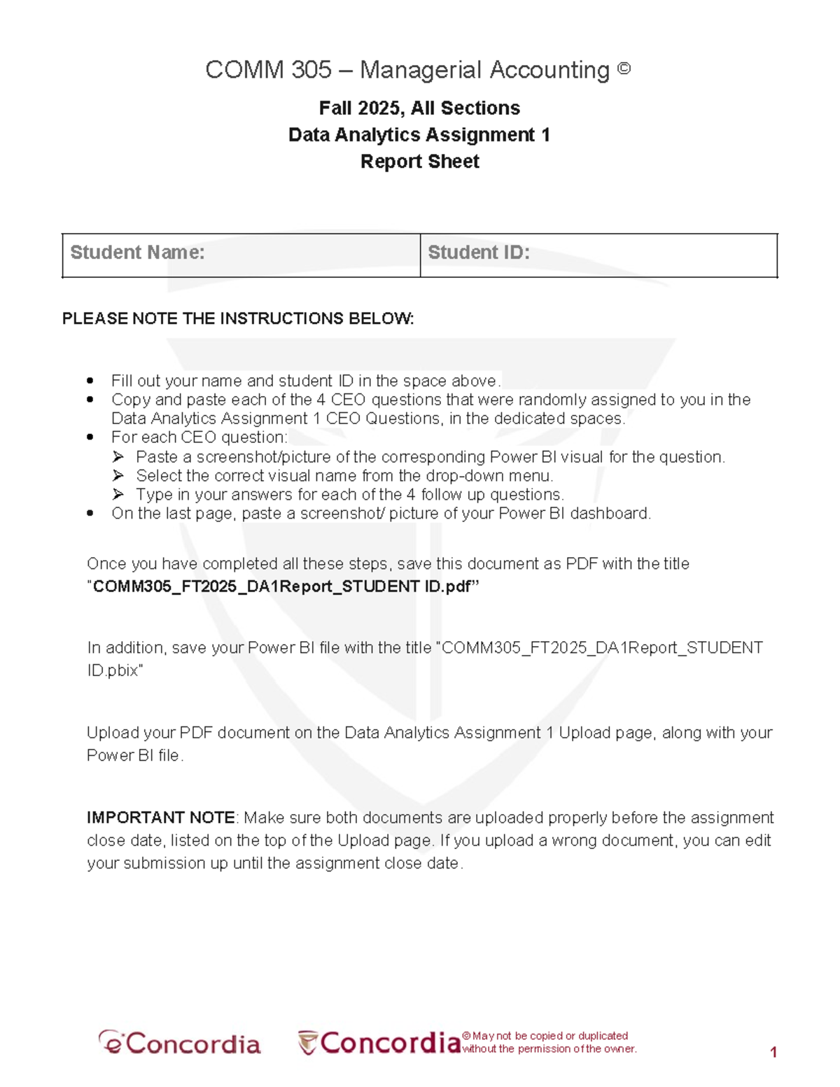 COMM 305 Managerial Accounting DA Assignment 1 Report Sheet Fall 2025 - Studocu