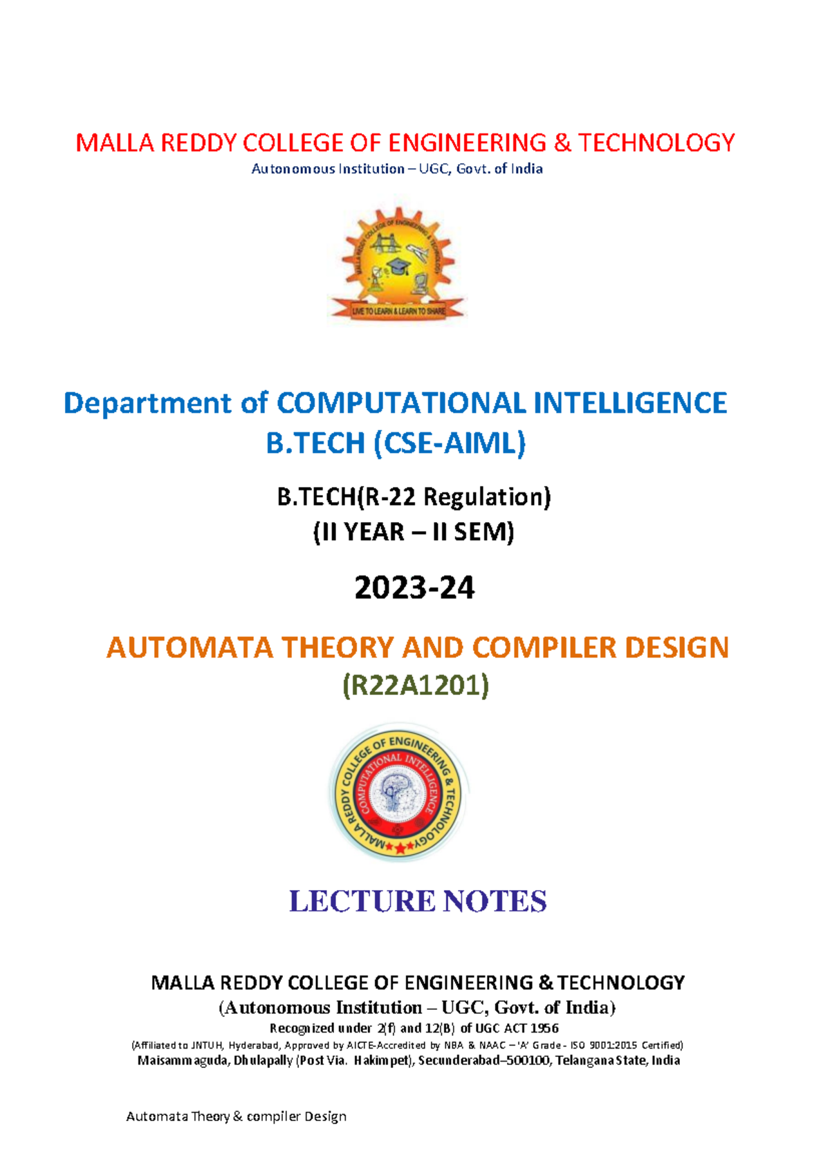 Automata Theory & Compiler Design (R22A1201) Lecture Notes - Studocu