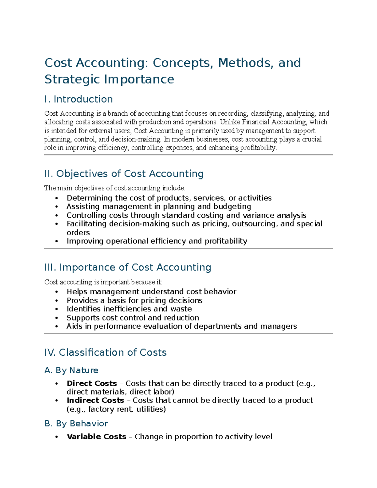 Cost Accounting Concepts & Methods: Strategic Importance I - Studocu