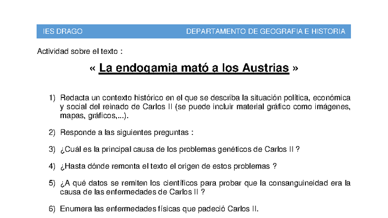 Actividad sobre la Endogamia y Carlos II - IES DRAGO - Studocu