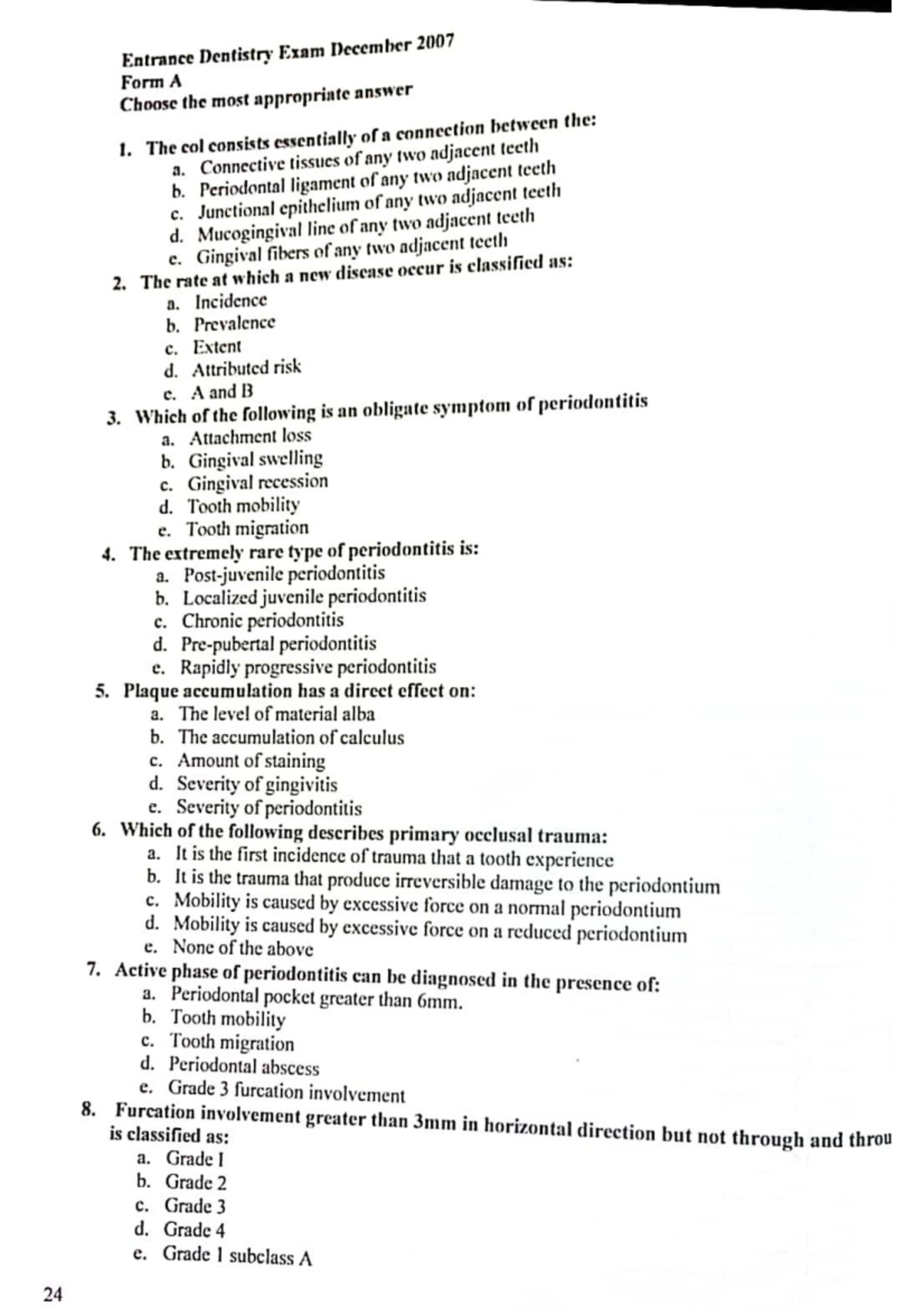 Entrance Dentistry Final Exam December 2007 Form A Answers - Studocu