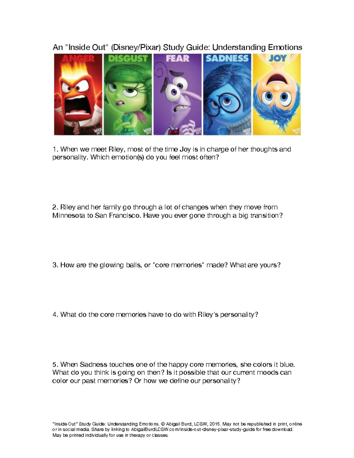 Inside Out Study Guide Understanding Emotions 1 - "Inside Out" Study ...