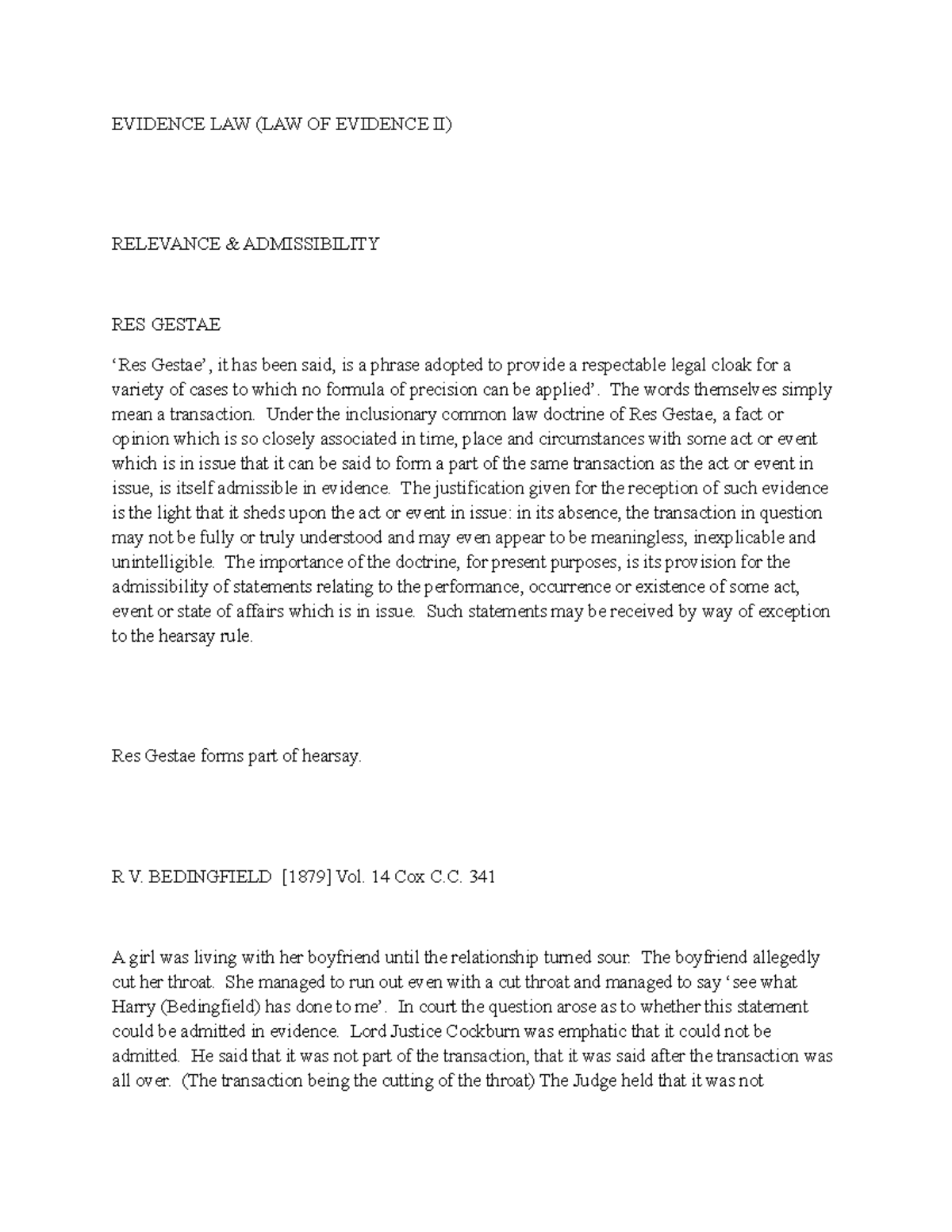 Evidence Law II (LAW - Final Exam Notes) on Relevance & Admissibility ...