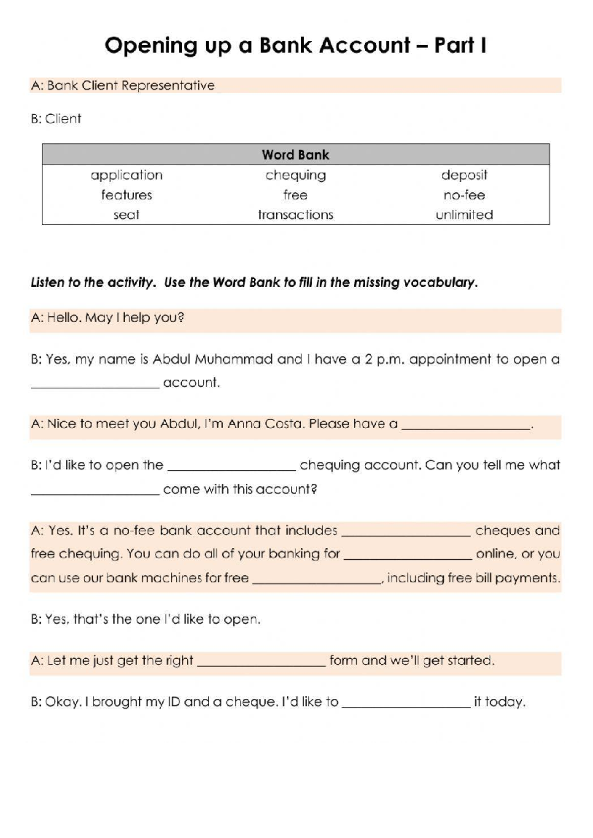 Opening a Bank Account Worksheet 275110: Vocabulary Activity - Studocu
