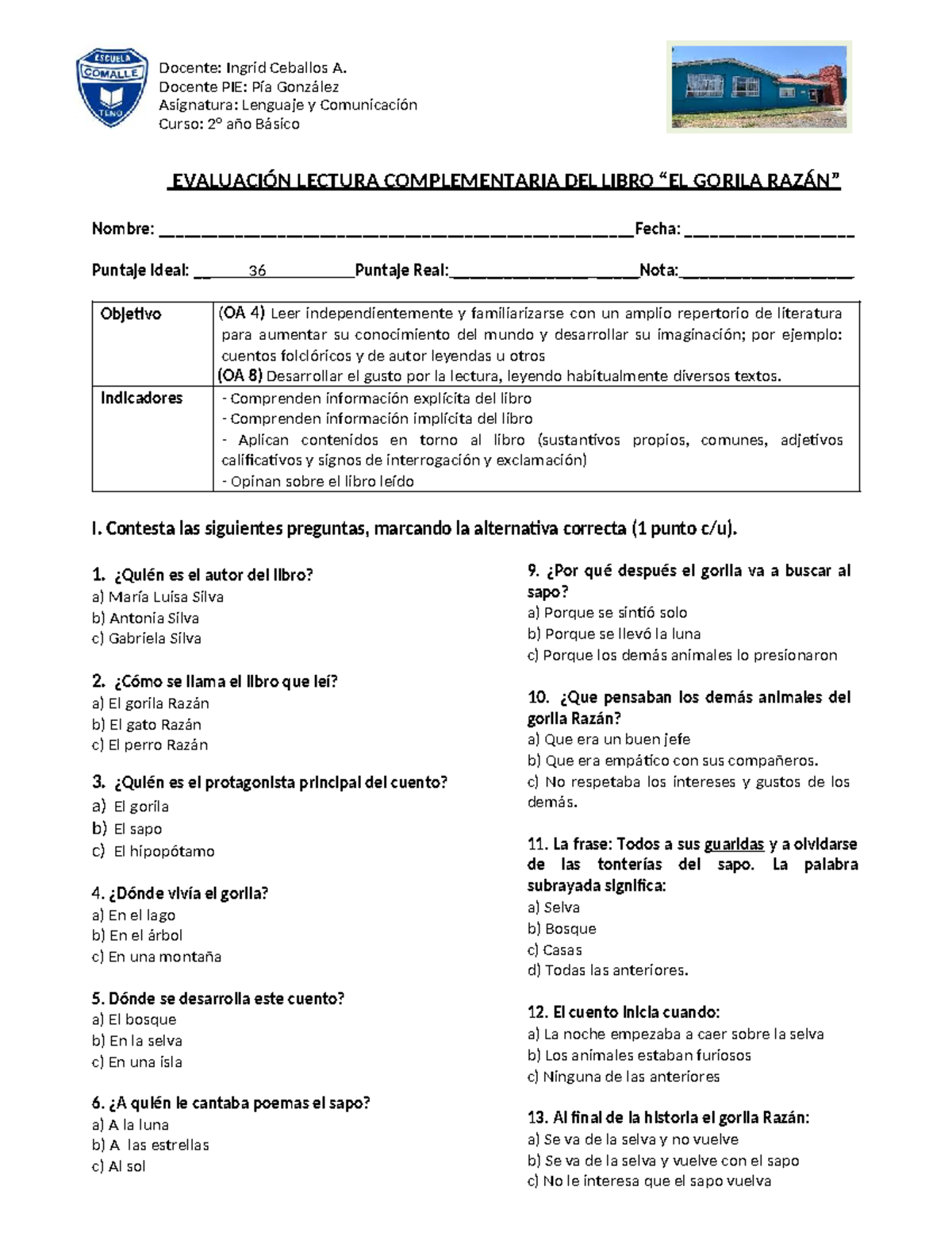 Evaluación Lectura Complementaria: El gorila Razán (Año Básico) - Studocu