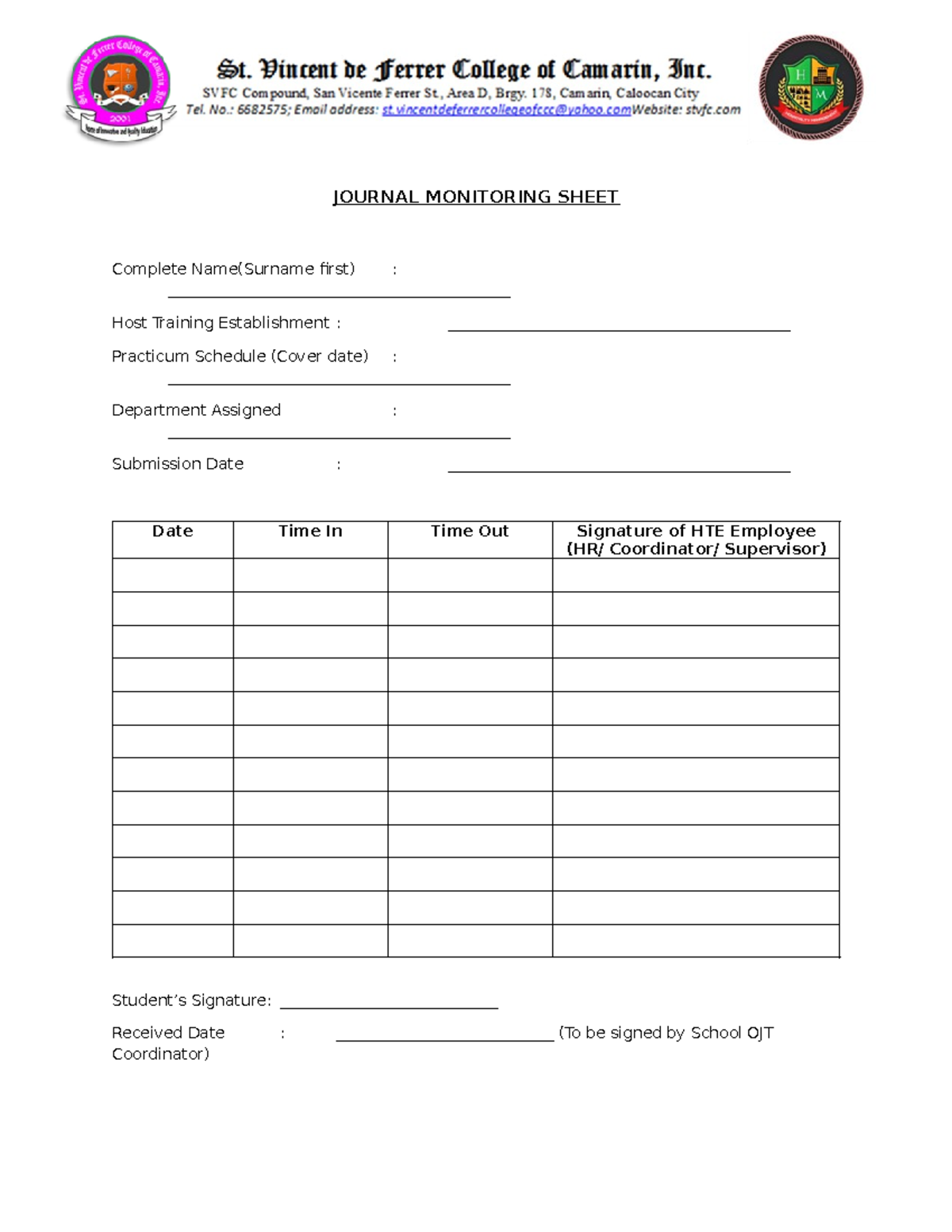 Journal- Monitoring- Sheet - JOURNAL MONITORING SHEET Complete Name ...