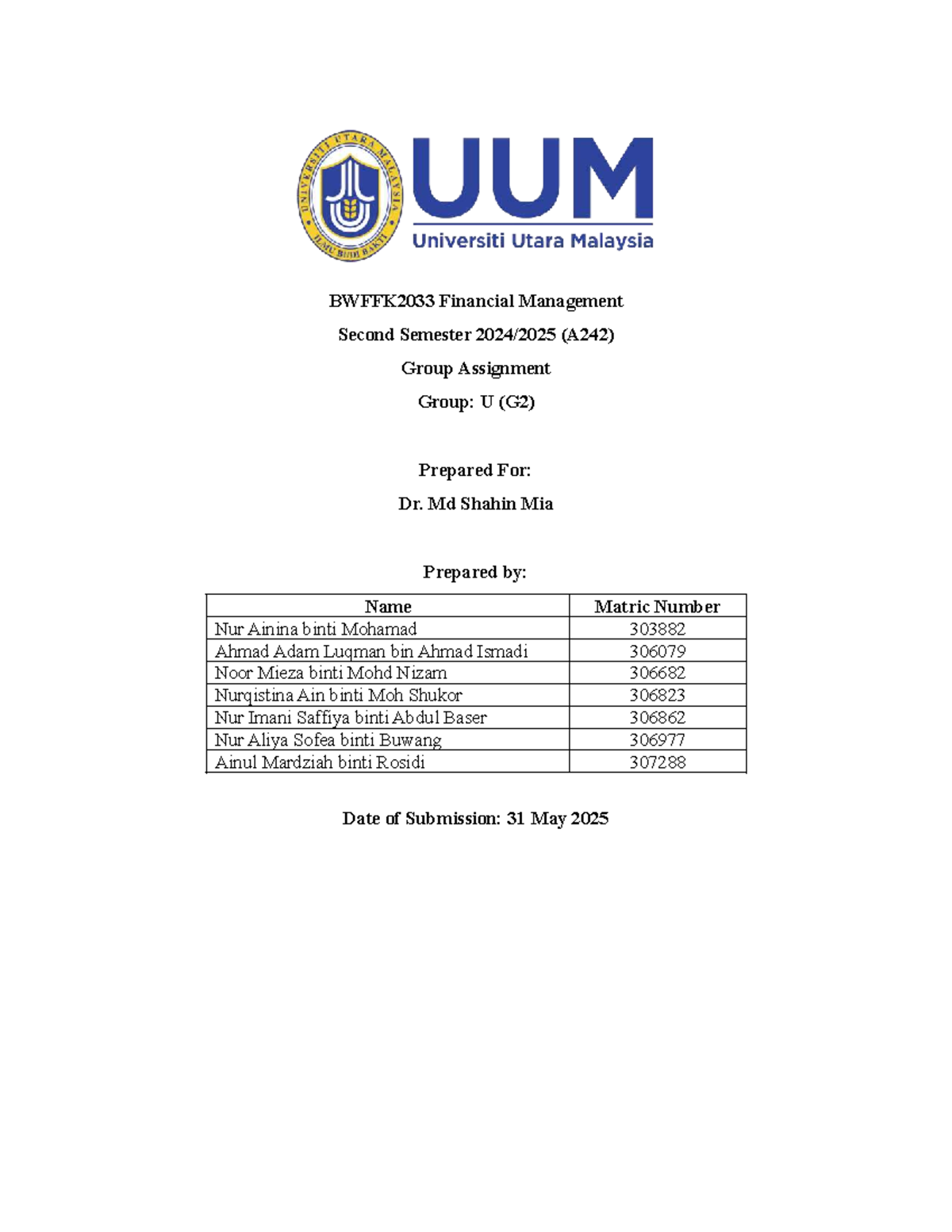 BWFFK2033 Financial Management Group 2 Assignment: Financial Ratios ...