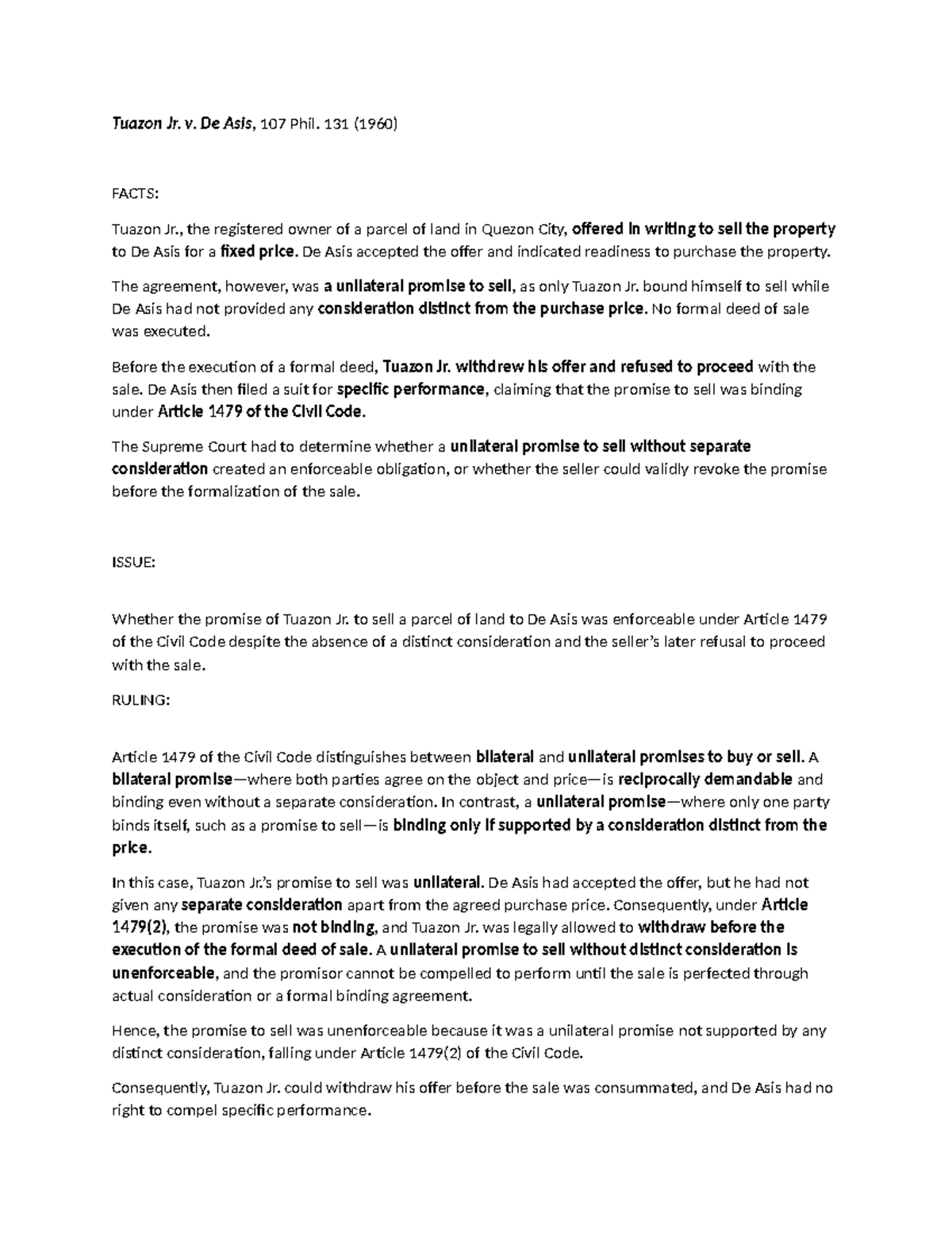 Tuazon Jr. v. De Asis Case Study: Unilateral Promise & Art. 1479 - Studocu
