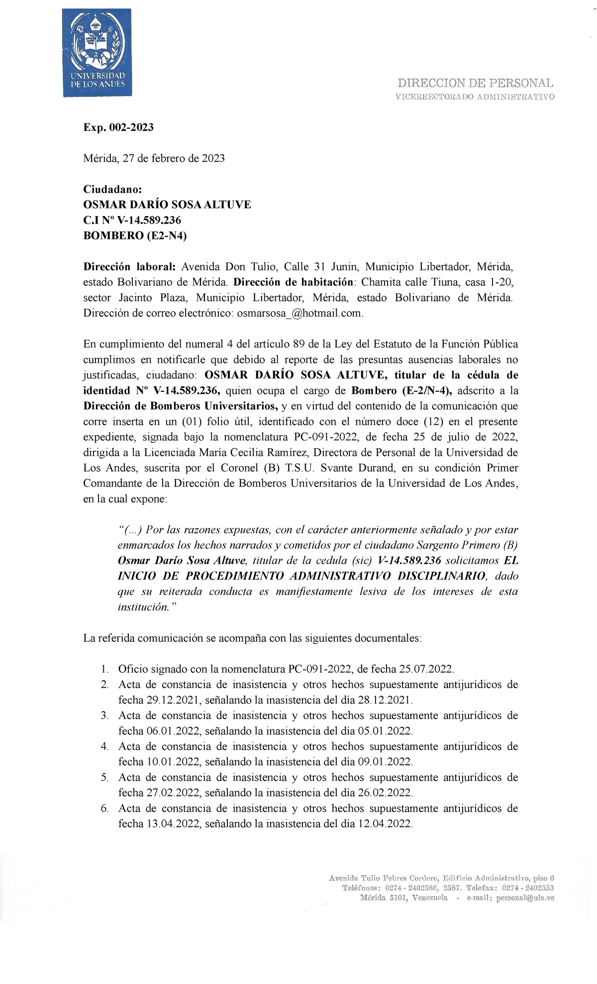 Notificación de Procedimiento Disciplinario - Exp. 002-2023 - Studocu