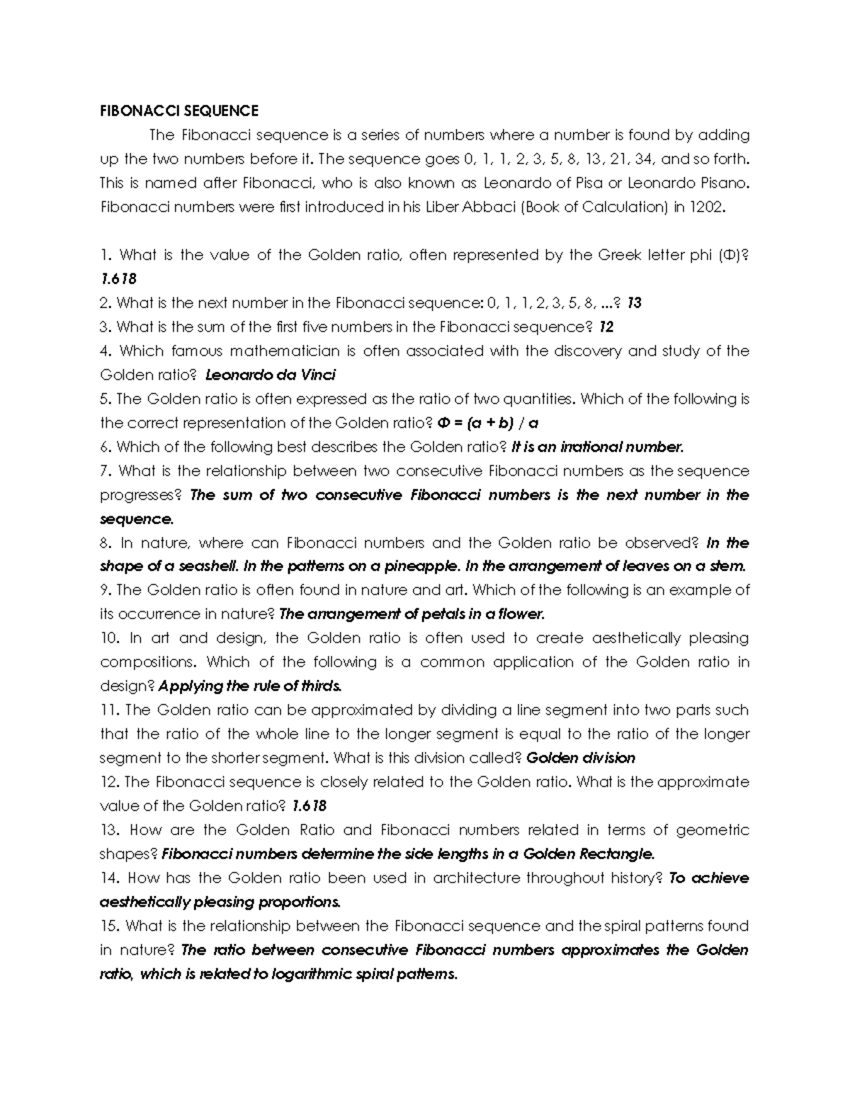Fibonacci Sequence and the Golden Ratio Explained: Key Insights - Studocu