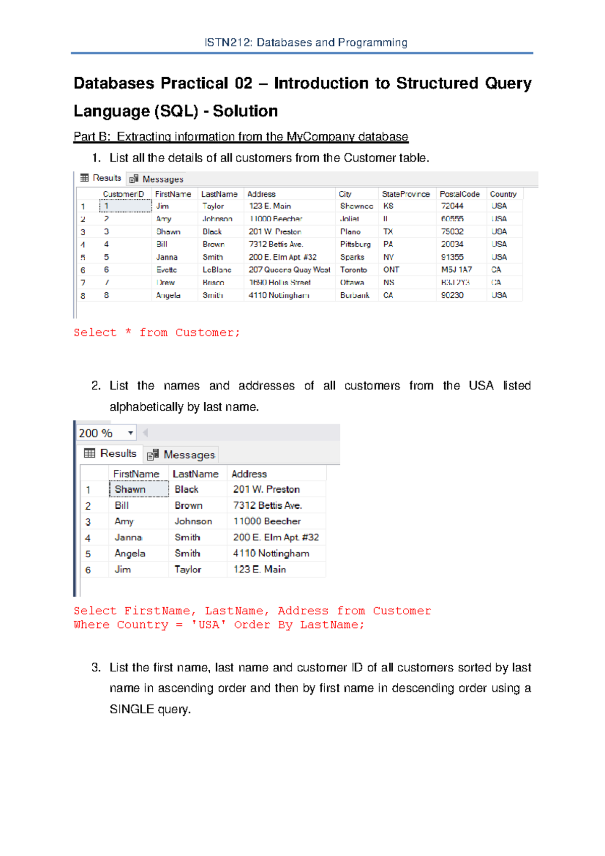 ISTN212: DB Practical 02 - SQL Queries and Solutions - Studocu